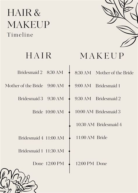 Minimalist Wedding Hair And Makeup Timeline Template Etsy