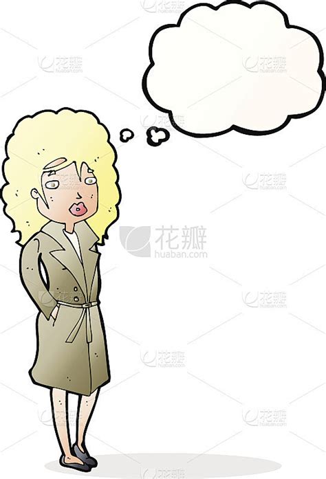 穿着风衣带着思想泡泡的卡通女人