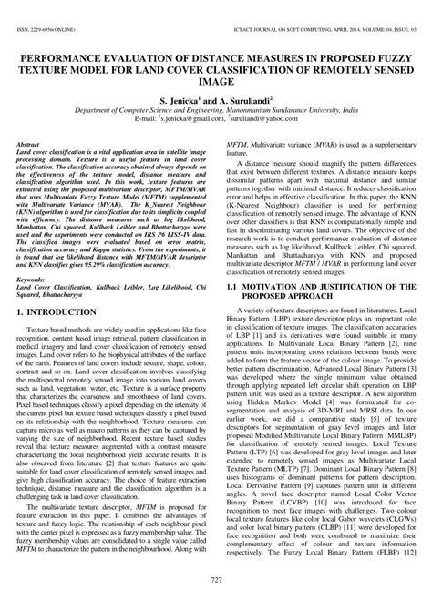 Pdf Performance Evaluation Of Distance Measures In Proposed Fuzzy Texture Model For Land Cover