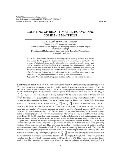 Pdf Counting Of Binary Matrices Avoiding Some 2 × 2 Matrices