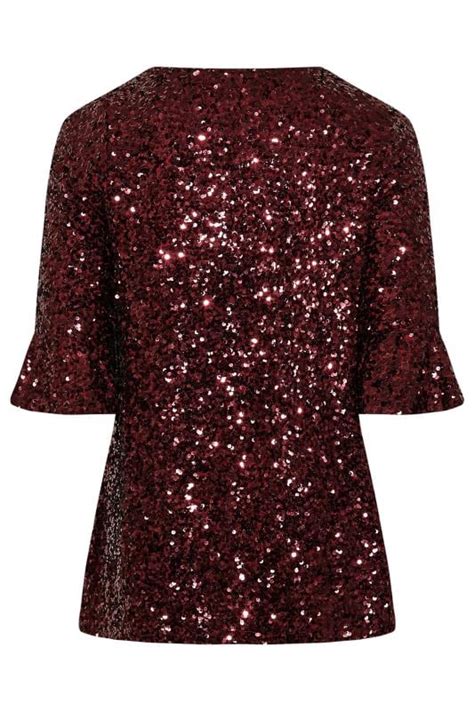 Yours London Plus Size Red Sequin Embellished Flute Sleeve Top Yours