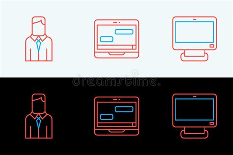 Set Line Computer Monitor Worker And Chat Messages Laptop Icon Vector Stock Illustration