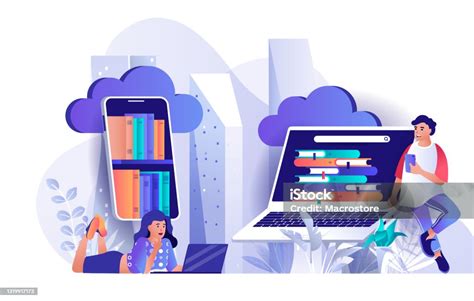 평면 디자인의 클라우드 라이브러리 개념 온라인 라이브러리 및 전자 책 장면 템플릿 스마트폰에서 책을 읽고 온라인에서 책을 찾는 남자와 여자 인물 캐릭터 활동의 벡터