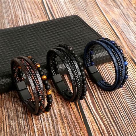 Classic Fashion Tiger Eye Beaded Multi Layer Leather Bracelet For Men
