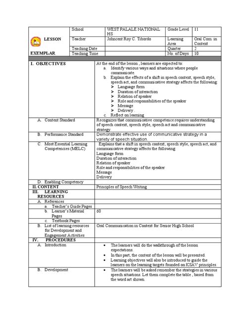 Le Oral Com Shift In Speech Context Style Act And Cs Pdf Lesson Plan Learning