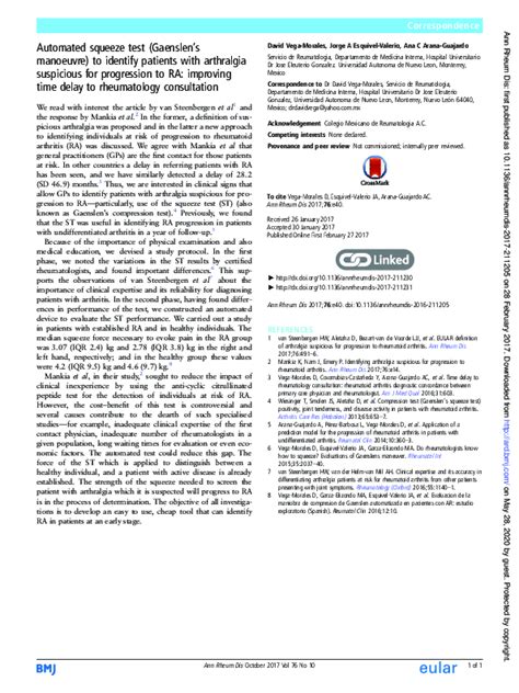 Pdf Automated Squeeze Test Gaenslens Manoeuvre To Identify Patients With Arthralgia
