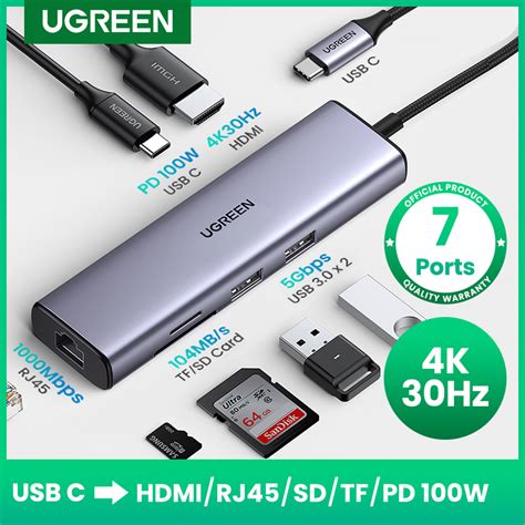 Ugreen Usb C Hub 7in1 Usb C Multiport Adapter 4k Hdmi 100w Pd Lan Ethernet Adapter 2 Usb 3 0