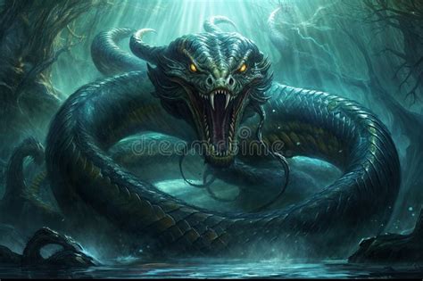 Mythical Hydra In An Underwater Forest With A Fierce Expression Stock Illustration