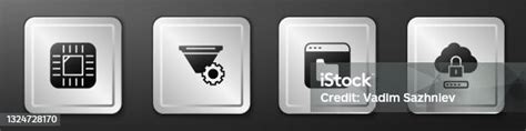 Cpu 필터 설정 브라우저 파일 및 클라우드 컴퓨팅 잠금 아이콘으로 프로세서를 설정합니다 실버 스퀘어 버튼 벡터 Cpu에 대한 스톡 벡터 아트 및 기타 이미지 Istock