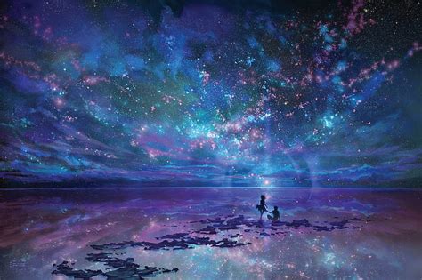 Anime Cielo Azul Pareja Océano Púrpura Reflexión Fondo De