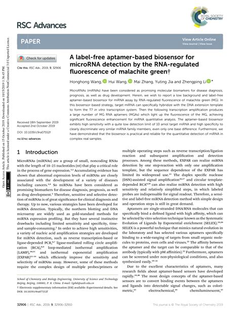 Pdf A Label Free Aptamer Based Biosensor For Microrna Detection By The Rna Regulated