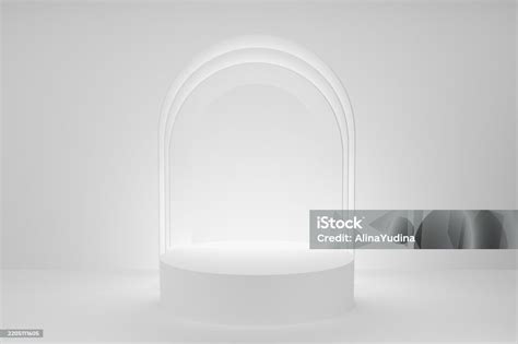 3d 사실적인 연단 배경 밝은 그라데이션 흰색에 흰색 원통형 연단 1개 빛나게 빛나는 아치 장식 모형 3d 렌더링 전시 제품