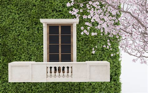 Abstact 3d는 봄 장면과 자연 배경을 렌더링하고 건물과 발코니는 양치류로 덮여 있으며 제품 디스플레이 디자인 광고 화장품 모형 등을 위한 외부 벚꽃 꽃 나무로 덮여