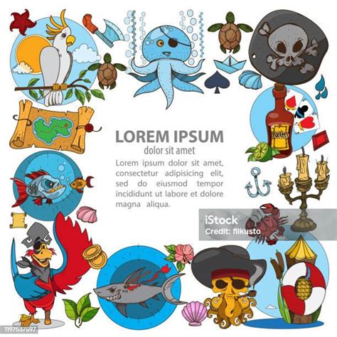 해적 테마의 사각형 프레임입니다 어린이 게임과 상품의 다양한 디자인 만화 스타일의 재미있는 캐릭터 라벨에 대한 스톡 벡터 아트 및 기타 이미지 Istock