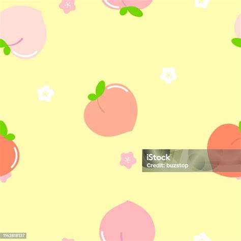 원활한 귀여운 핑크 오렌지와 화이트 복숭아 매 화 꽃과 노란색 배경에서 과일 반복 패턴 과일에 대한 스톡 벡터 아트 및 기타 이미지 과일 귀여운 꽃 나무 Istock