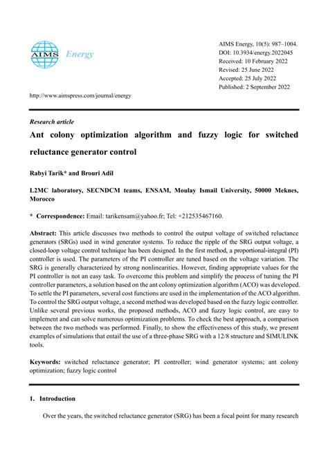 PDF Ant Colony Optimization Algorithm And Fuzzy Logic For Switched