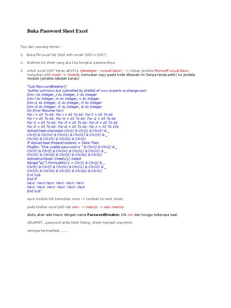 Buka Password Sheet Excel Develope Visual Basic Microsoft Visual Basic Insert Pdf