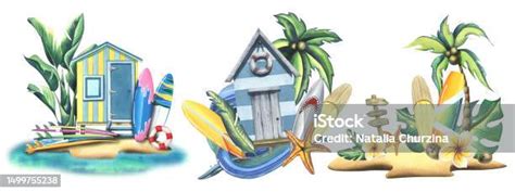 해변 블루 캐빈은 나무로 되어 있으며 서핑보드 나무 야자수 잎 파도 불가사리가 줄무늬가 있습니다 손으로 그린 수채화 그림입니다 흰색 배경에 격리된 작곡 세트 0명에 대한