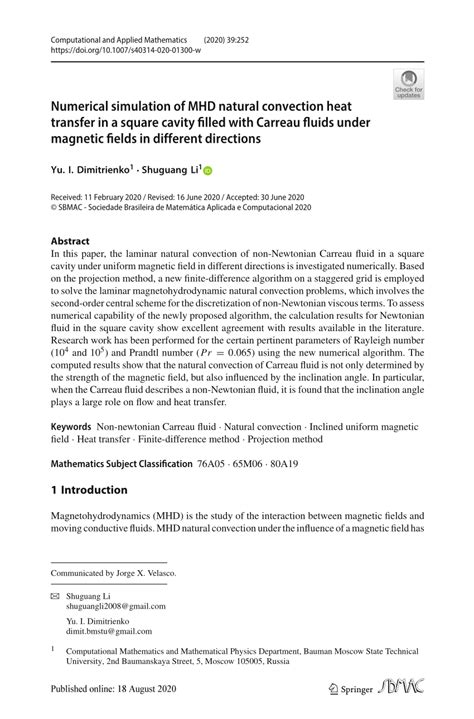 Pdf Numerical Simulation Of Mhd Natural Convection Heat Transfer In A Square Cavity Filled