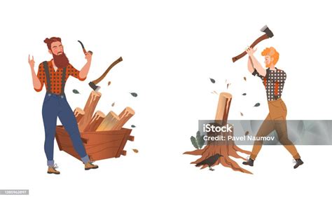 도끼 세트로 나무를 자르는 목재 잭 격자 무늬 셔츠 만화 벡터 일러스트로 업계 종사자 로깅 개체 그룹에 대한 스톡 벡터 아트 및 기타 이미지 Istock