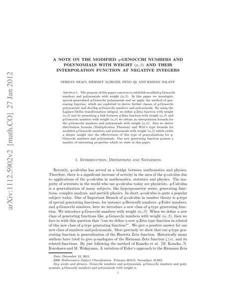 Pdf A Note On The Modified Q Genocchi Numbers And Polynomials With Weight Alphabeta And