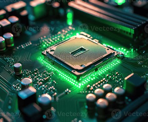 Close Examination Of A Microprocessor On A Circuit Board Illuminated By Green Lights In A