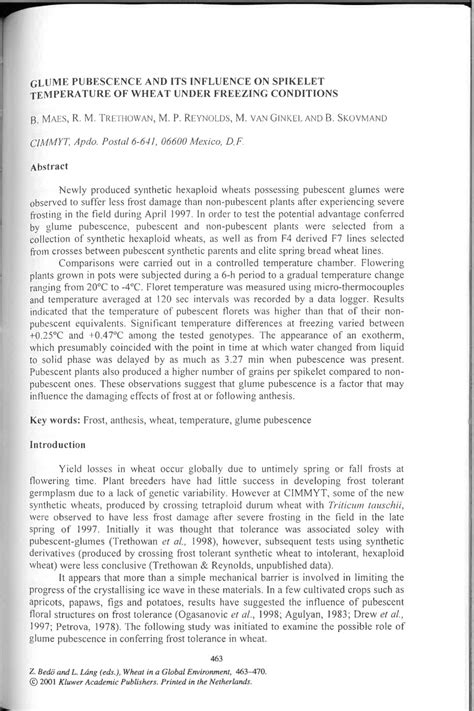 Pdf Glume Pubescence And Its Influence On Spikelet Temperature Of Wheat Under Freezing Conditions