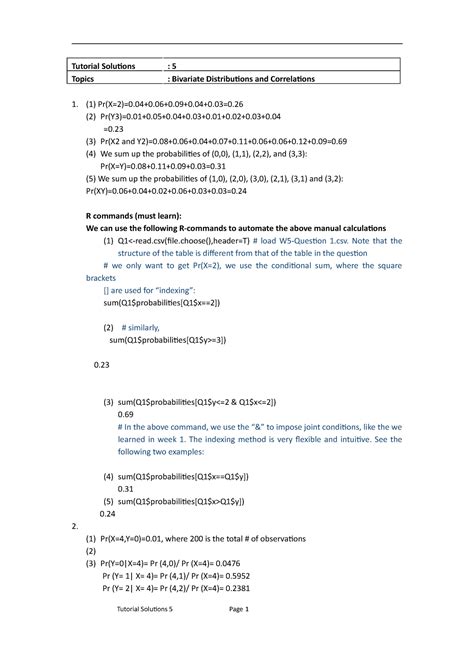Solutions Week 5 Ab1202 Tut Questions Tutorial Solutions 5 Topics Bivariate