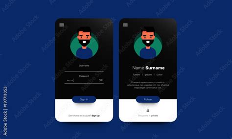 Log In And Sign Up UI UX Screen Design With Profile Details And Illustration Of Beard Man Stock