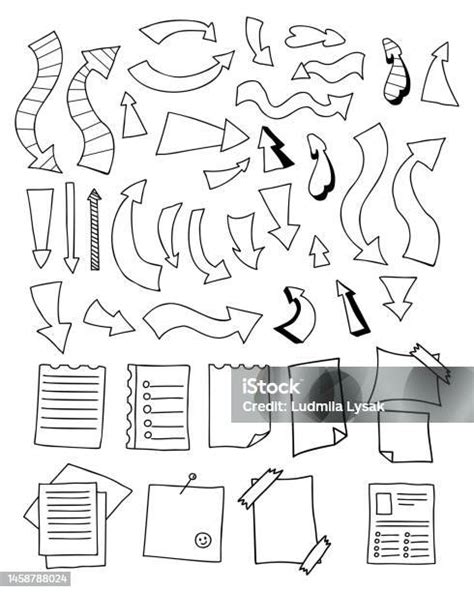 컬렉션 화살표 및 포인터 시트 용지 노트북 페이지 스티커 시트 및 스티커 메모 벡터 낙서 격리 된 윤곽선이 그려집니다 0명에 대한 스톡 벡터 아트 및 기타 이미지 Istock