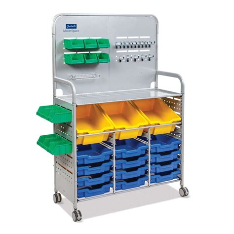 Gratnells Makerspace Cart 3 Deep F2 And 12 Shallow F1 Sunshine Yellow Trays 12 Mini Bins