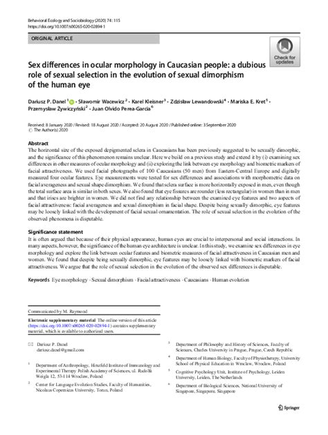 Pdf Sex Differences In Ocular Morphology In Caucasian People A Dubious Role Of Sexual