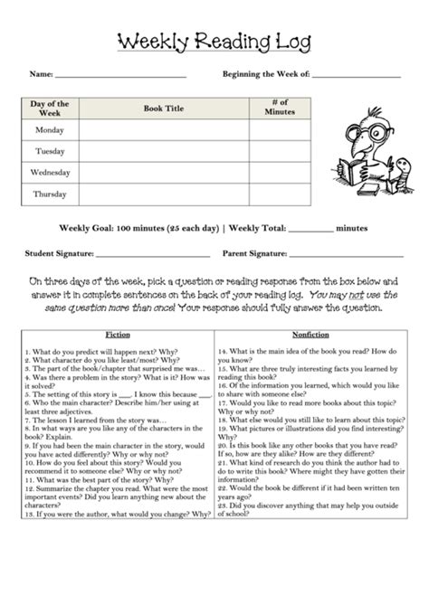 Weekly Reading Log Template Printable Pdf