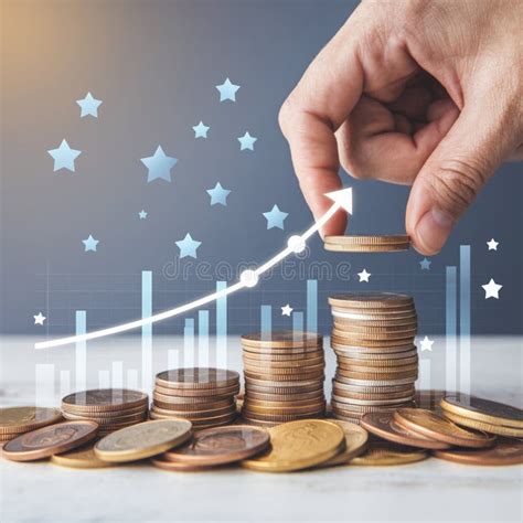 Hand Places A Coin Atop A Growing Stack With An Upward Digital Graph