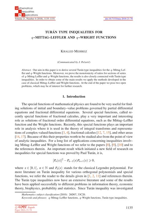 Pdf Turań Type Inequalities For Q Mittag Leffler And Q Wright Functions