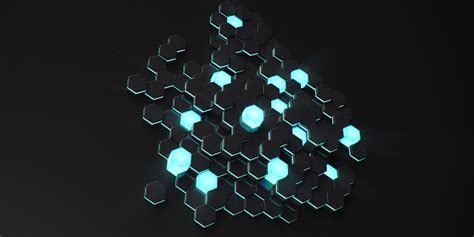 검은 기하학적 육각 추상적 인 배경입니다 표면 다각형 패턴과 파란색 빛나는 육각형 벌집 추상적 인 파란색 자기 발광 육각형 미래 추상 배경 3d 일러스트 0명에 대한 스톡