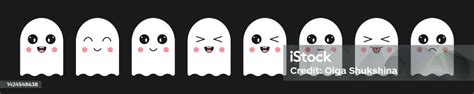 카와이 눈을 가진 귀여운 아기 유령 세트 다른 감정과 얼굴 표현 0명에 대한 스톡 벡터 아트 및 기타 이미지 0명 10월 가을 Istock