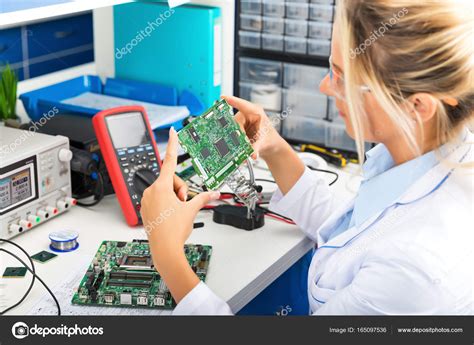 Female Electronic Engineer Checking Circuit Board In Laboratory Stock Photo By Scanrail 165097536