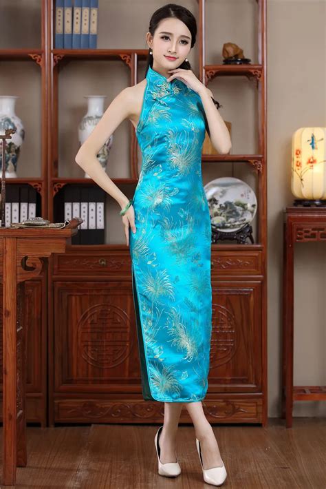 New Sexy Backless Womens Long Qipao Satin Dress Chinese Novelty