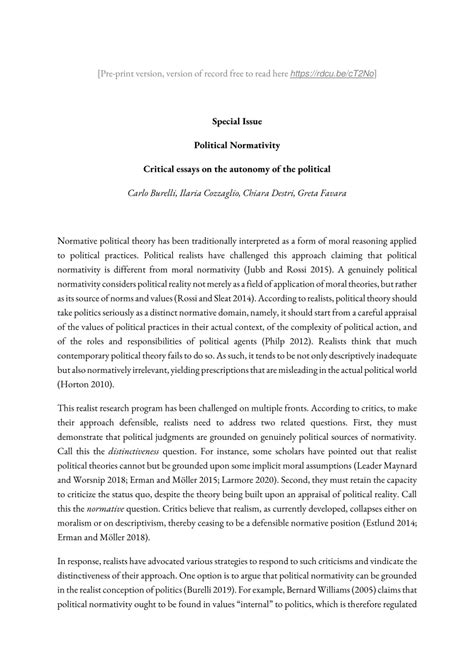 Pdf Editorial ‘political Normativity Critical Essays On The Autonomy Of The Political