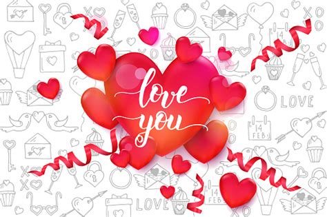 Handwritting 동기 부여 견적 당신을 사랑 발렌타인 데이 배경 3d 빨간 하트와 손으로 그린 사랑 라인 아트 기호 패턴에 뱀 밑그림입니다 해피 발렌타인의 날 14에