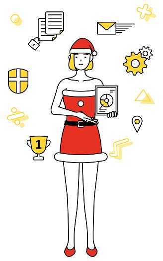 Dxing의 이미지 디지털 기술을 사용하여 비즈니스를 개선하는 산타클로스 옷을 입은 여성의 간단한 선 그리기 그림 12월에 대한