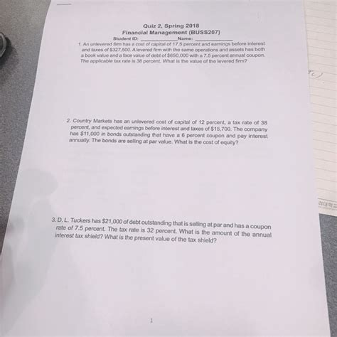 Solved Quiz Spring Financial Management BUSS Chegg Com