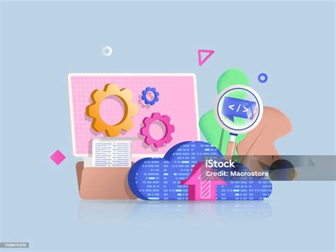 클라우드 컴퓨팅 개념 3d 그림 컴퓨터 화면이있는 아이콘 구성 클라우드 서비스에 파일 업로드 및 전송 코딩 및 프로그래밍 현대 웹 디자인을위한 벡터 일러스트 레이 션 3차원