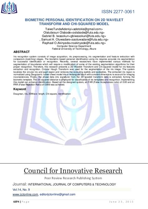 Pdf Biometric Personal Identification On 2d Wavelet Transform And Chi Squared Model