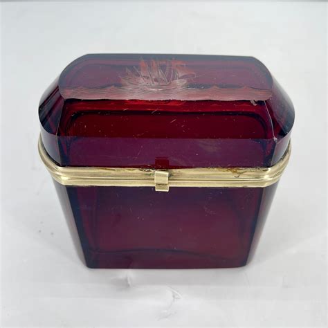 Italian Ruby Red Glass Jewelry Box With Sailboat Decoration For Sale At