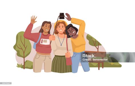 십대 소녀들이 스마트 폰에서 셀카를 찍고 미소 짓고 사진을 찍기 위해 포즈를 취합니다 삶의 순간을 포착하는 벡터 플랫 만화