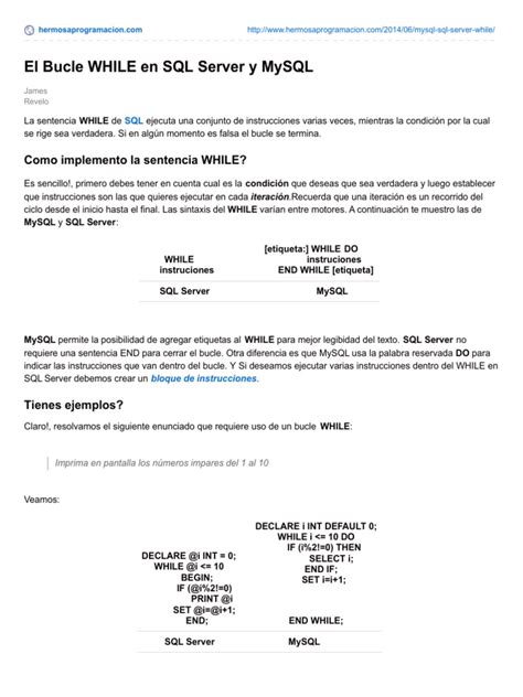 El Bucle While En Sql Server Y Mysql Pdf Pdf Servidor Sql De Microsoft Sql