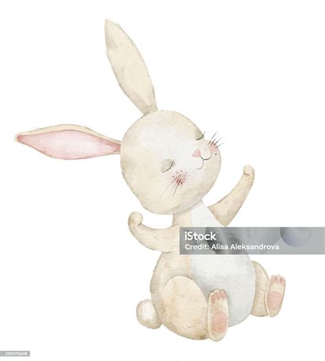 부드러운 파스텔 톤으로 장난스럽게 앉아 있는 즐겁고 웃는 토끼의 수채화 삽화 보육원 장식 또는 베이비 샤워 초대장을 위한 귀여운 토끼 그림 어린아이 같은 생일 카드를 위한