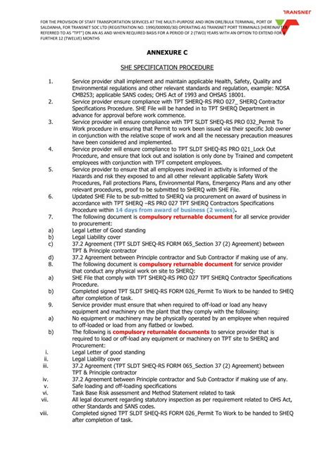 PDF ANNEXURE C National Treasury RFP Annexure C ANNEXURE C SHE SPECIFICATION PROCEDURE